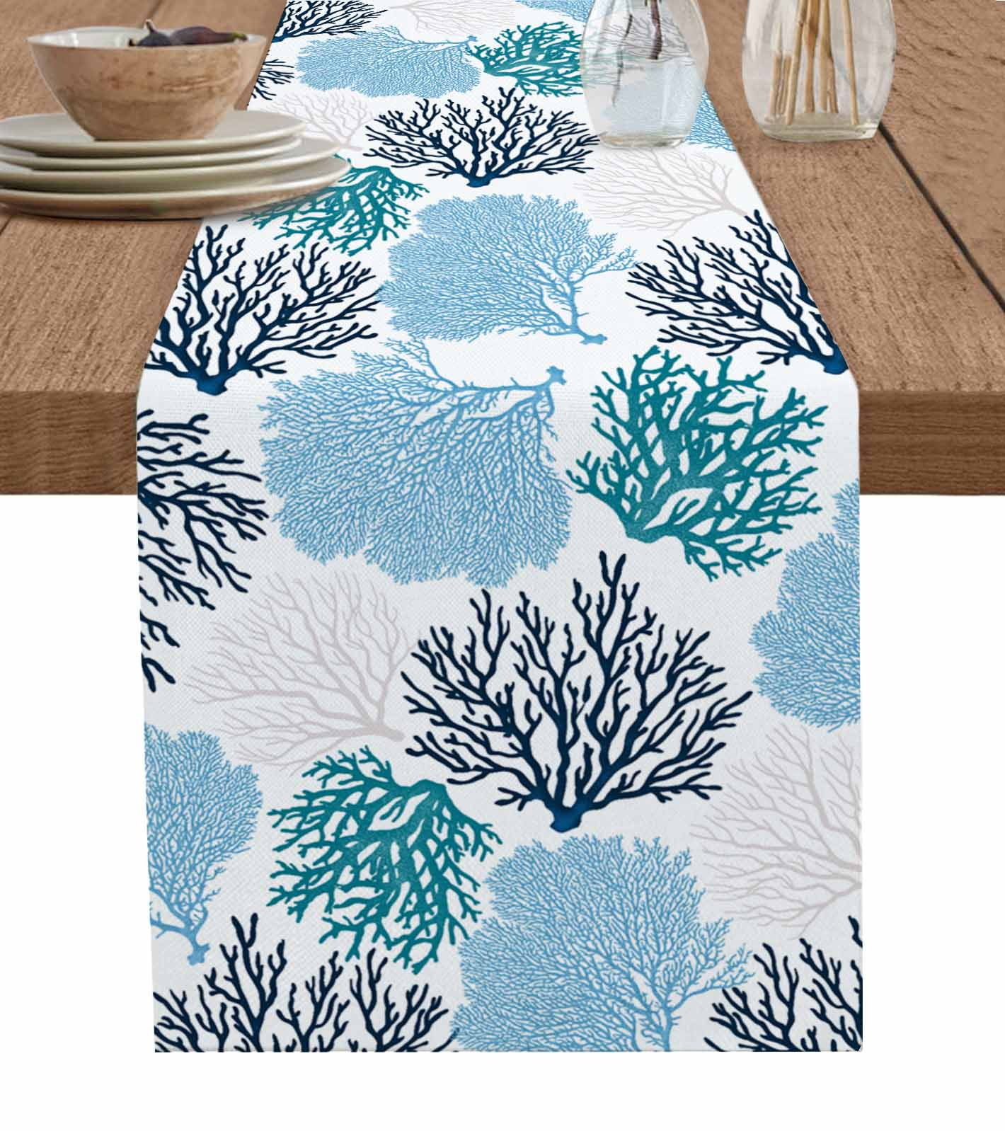 Blue Coastal Coral Table Runners 60 Inches Long, Cotton Linen Fabric ...
