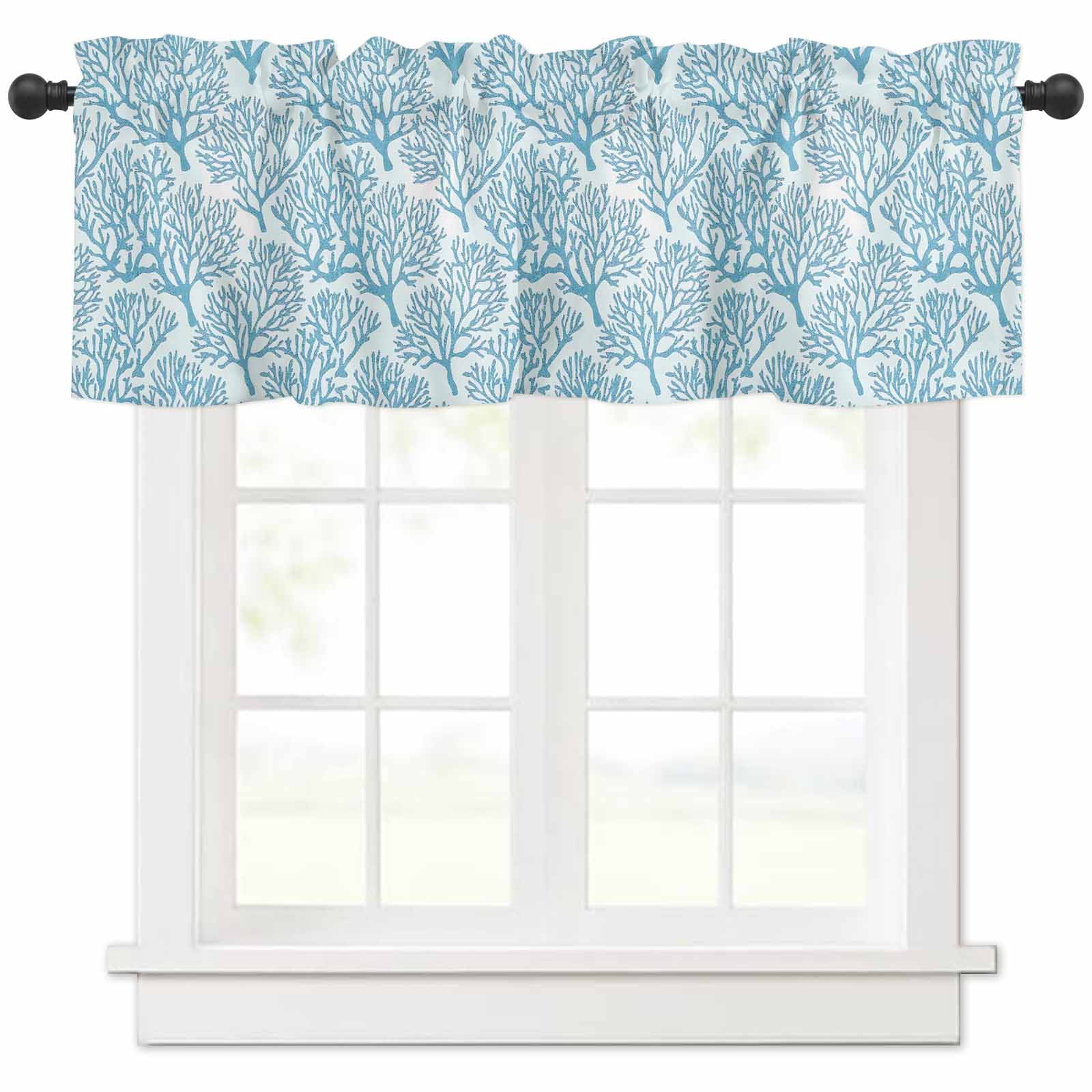 Blue Coastal Coral Valances for Windows Farmhouse Kitchen Curtains ...