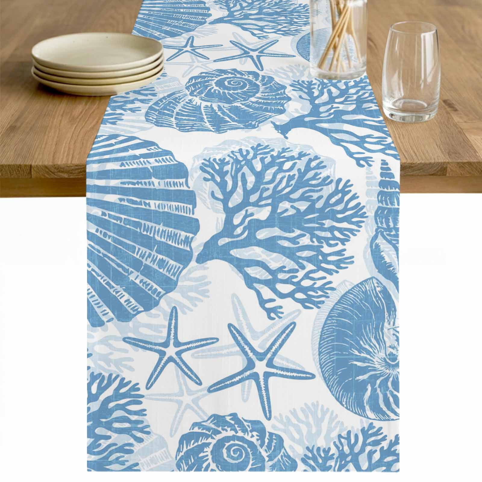 Blue Coastal Cotton Linen Rectangle Table Runners 13"x60", Beach ...