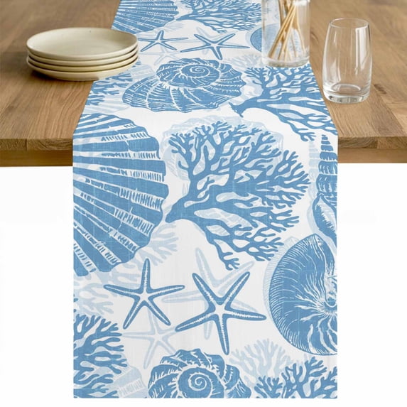 Blue Coastal Cotton Linen Rectangle Table Runners 13"x60", Beach ...