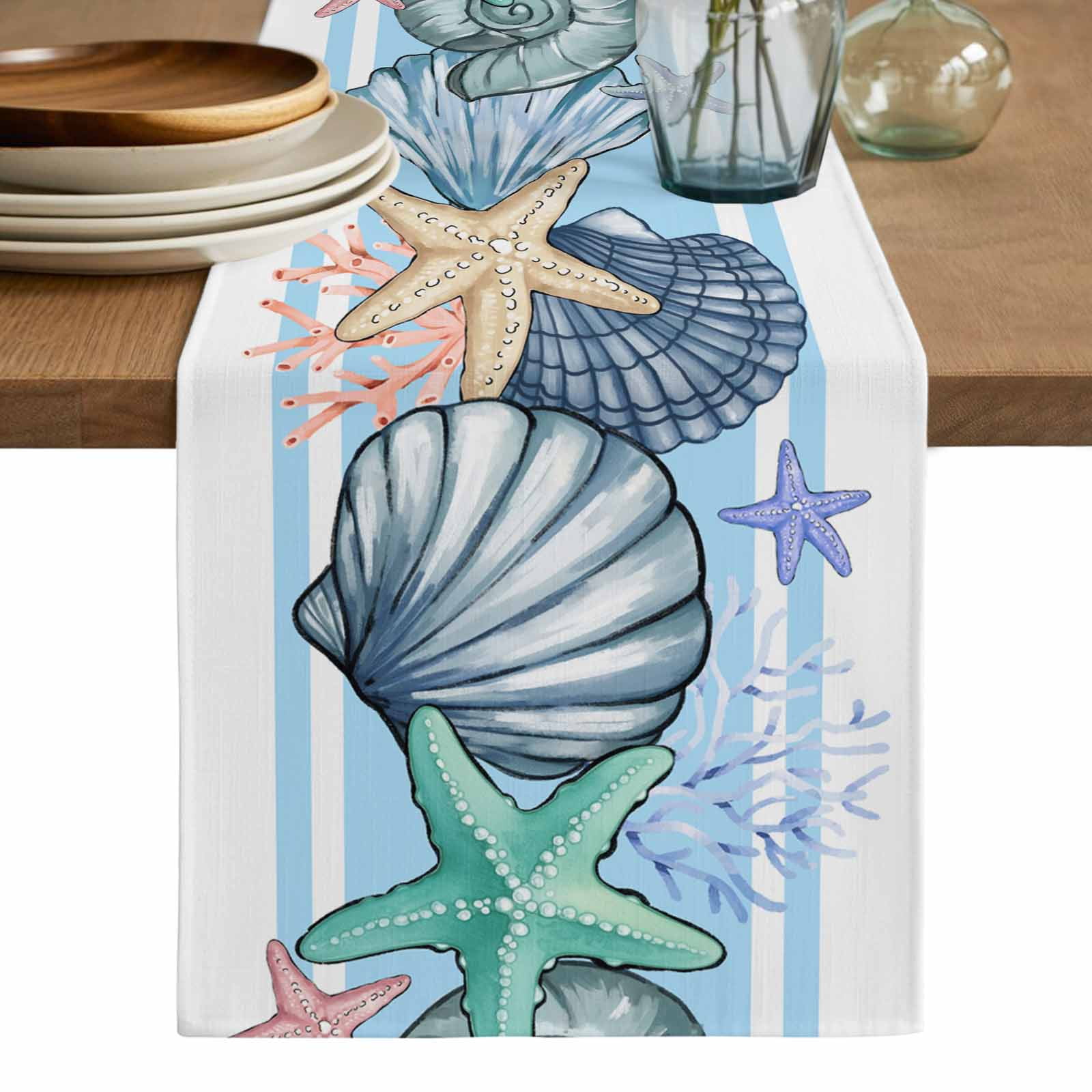 Blue Coastal Cotton Linen Table Runner for Dining Kitchen, Beach ...