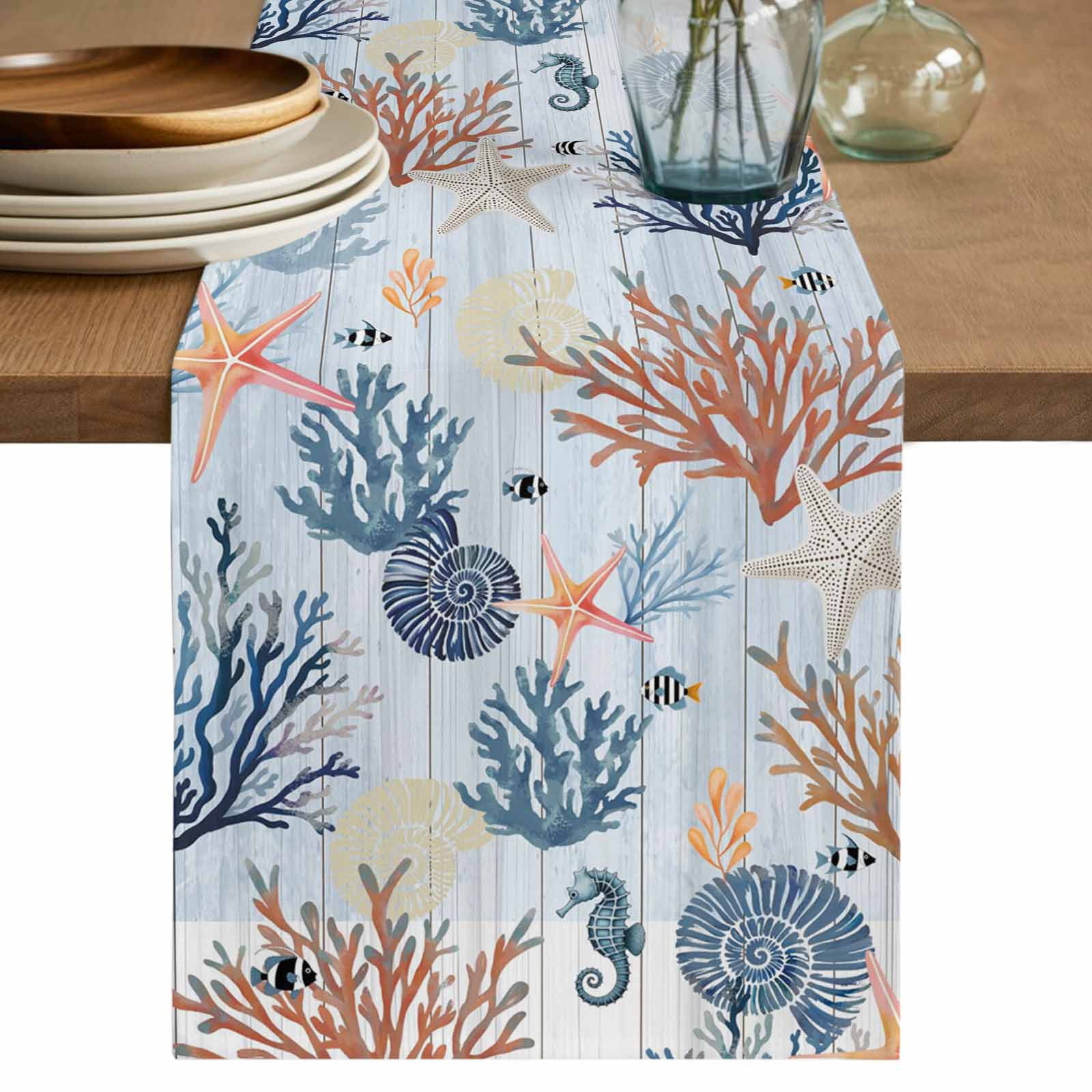 Blue Coastal Cotton Linen Table Runner for Dining Kitchen, Coral Shell ...