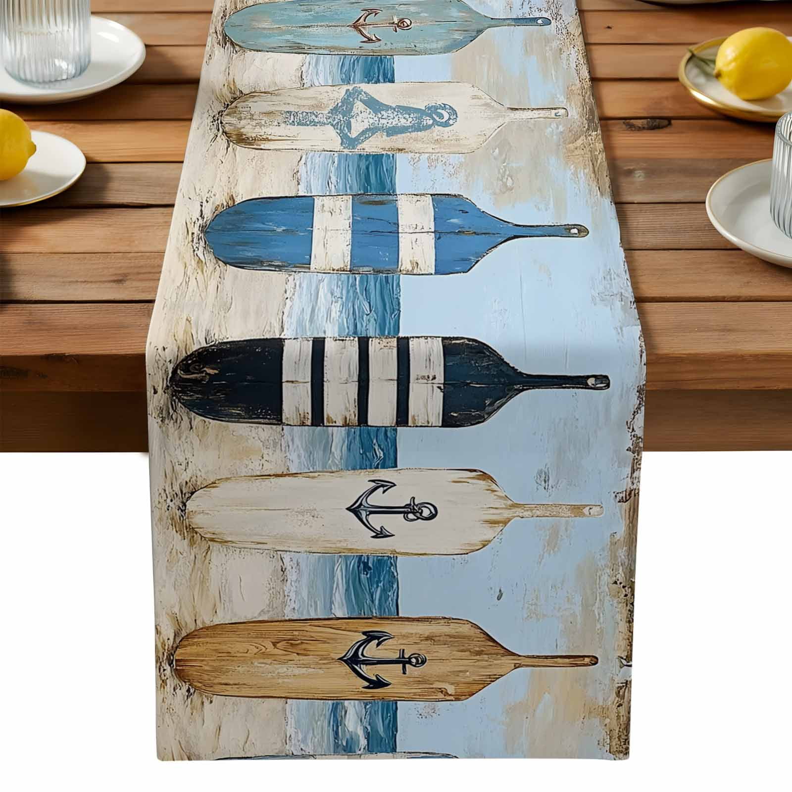 Blue Coastal Cotton Linen Table Runner for Dining Kitchen, Ocean ...