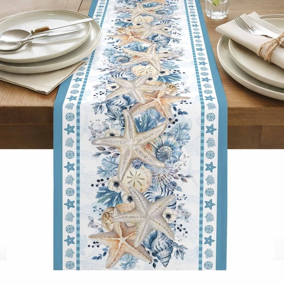 Blue Coastal Cotton Linen Table Runner Eucalyptus Leaves Starfish ...