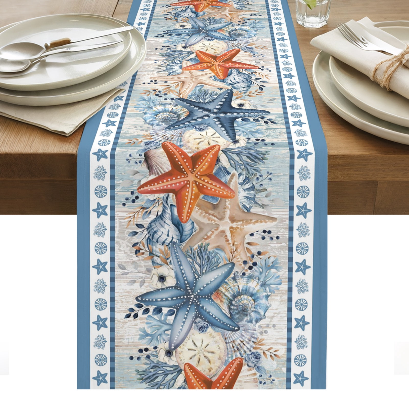 Blue Coastal Cotton Linen Table Runner Orange Starfish Coral Beach ...
