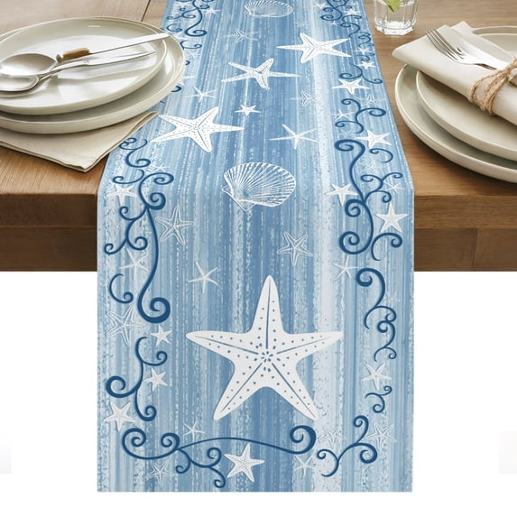 Blue Coastal Cotton Linen Table Runner Starfish Shell Summer Beach ...