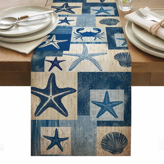 Blue Coastal Cotton Linen Table Runner Summer Ocean Shell Crab Retro ...