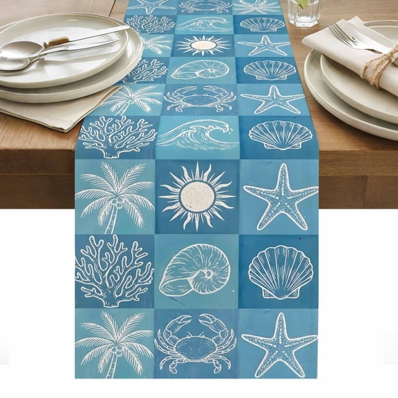 Blue Coastal Cotton Linen Table Runner Summer Ocean Waves Shell Crab ...