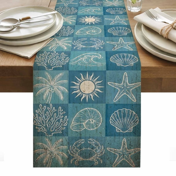 Blue Coastal Cotton Linen Table Runner Summer Ocean Waves Shell Crab ...