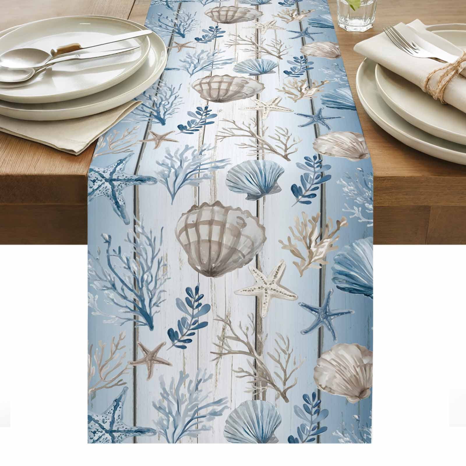 Blue Coastal Cotton Linen Table Runner Summer Starfish Shell Coral ...