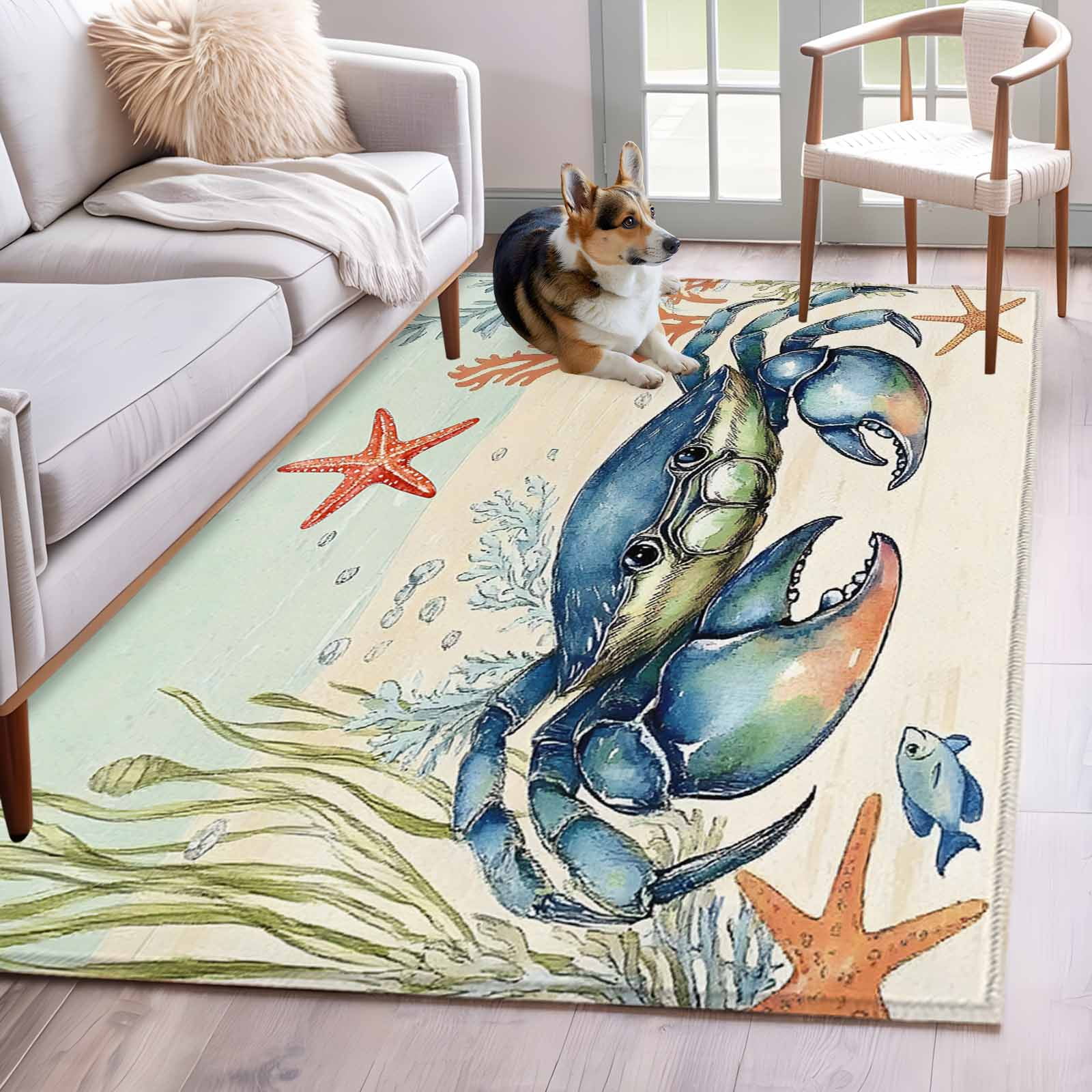 Blue Coastal Crab Area Rug 3x5 Washable Rug Non Slip Nautical Beach ...