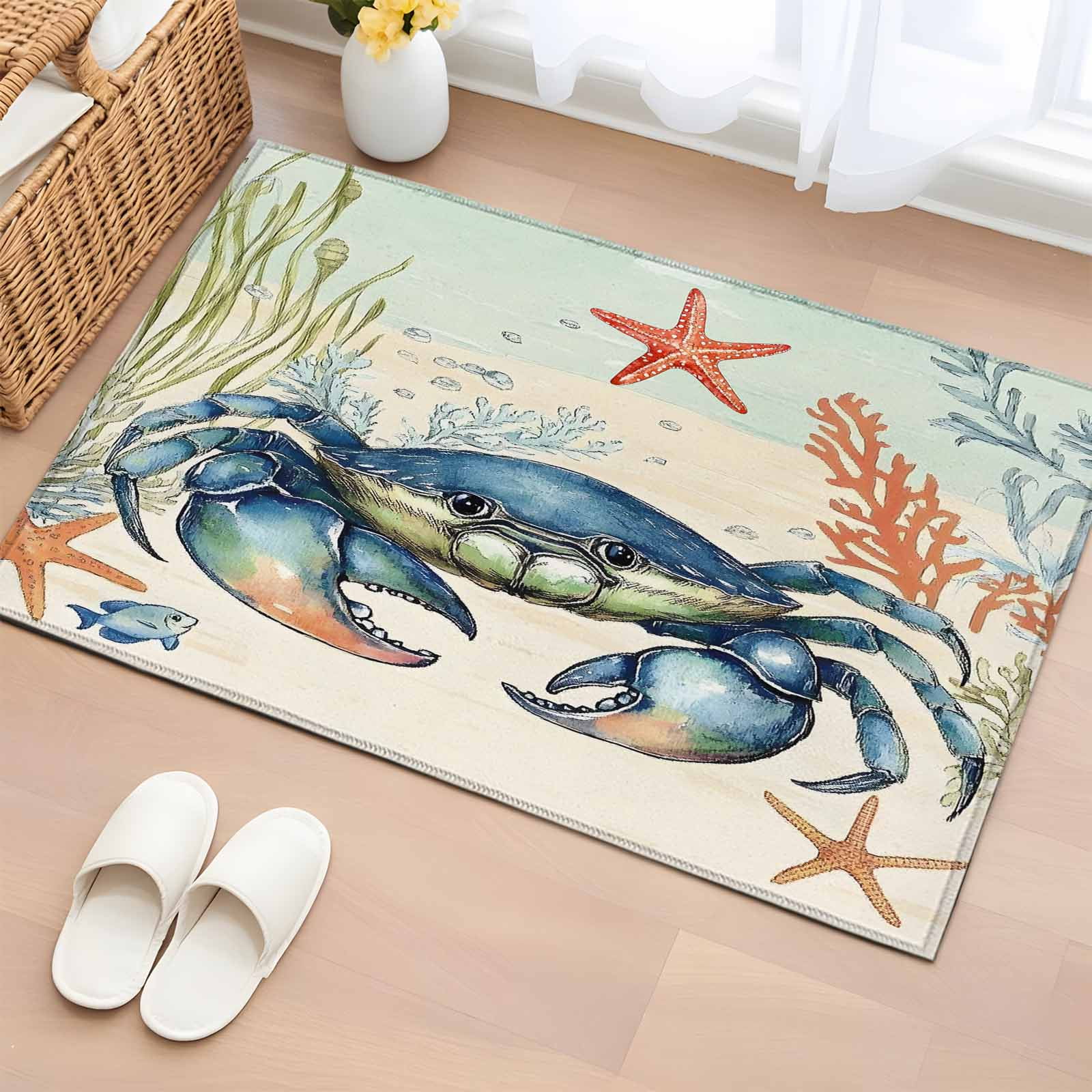 Blue Coastal Crab Bathroom Rug Washable 2x3 Entryway Rug Non Slip ...