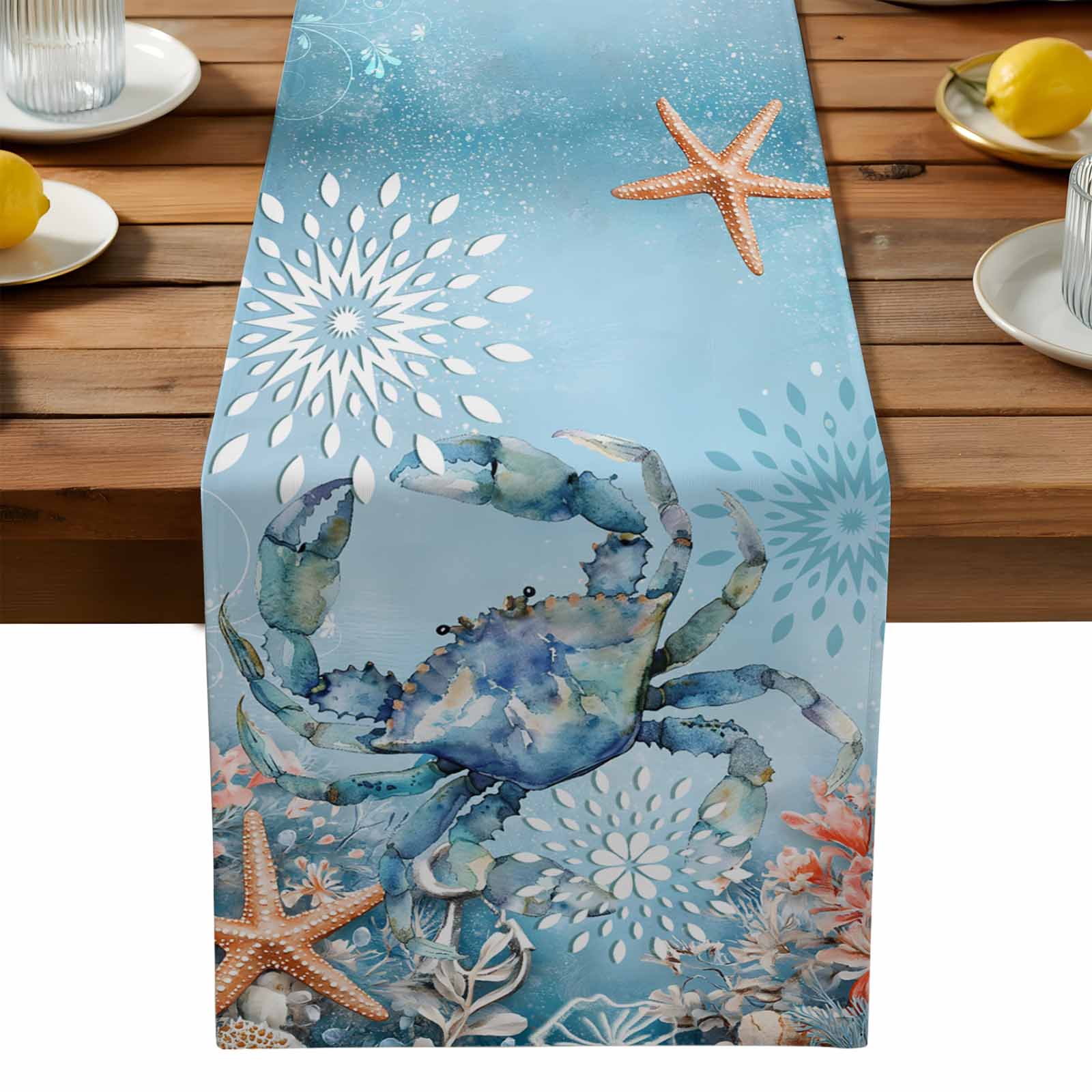 Blue Coastal Crab Cotton Linen Table Runner for Dining Kitchen, Summer ...
