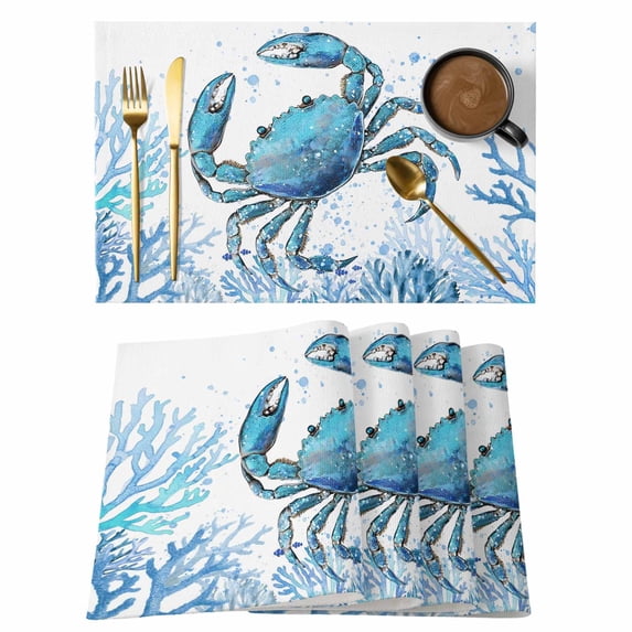 Blue Coastal Crab Placemats Set of 8 Summer Ocean Coral Sea Fish ...