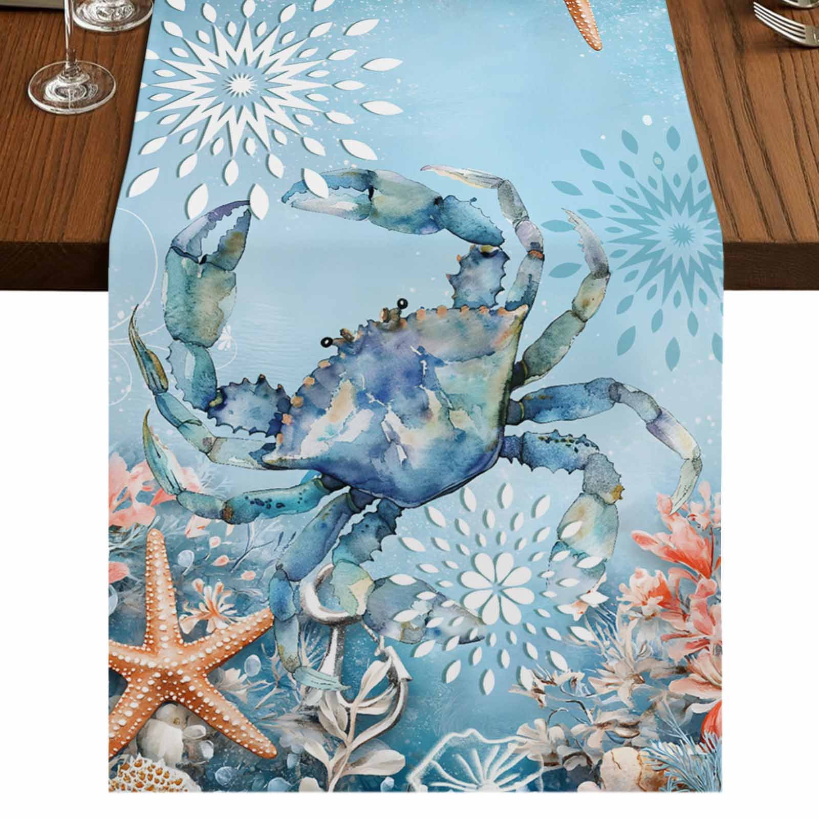 Blue Coastal Crab Short Table Runner 48 Inches Long,Summer Beach ...