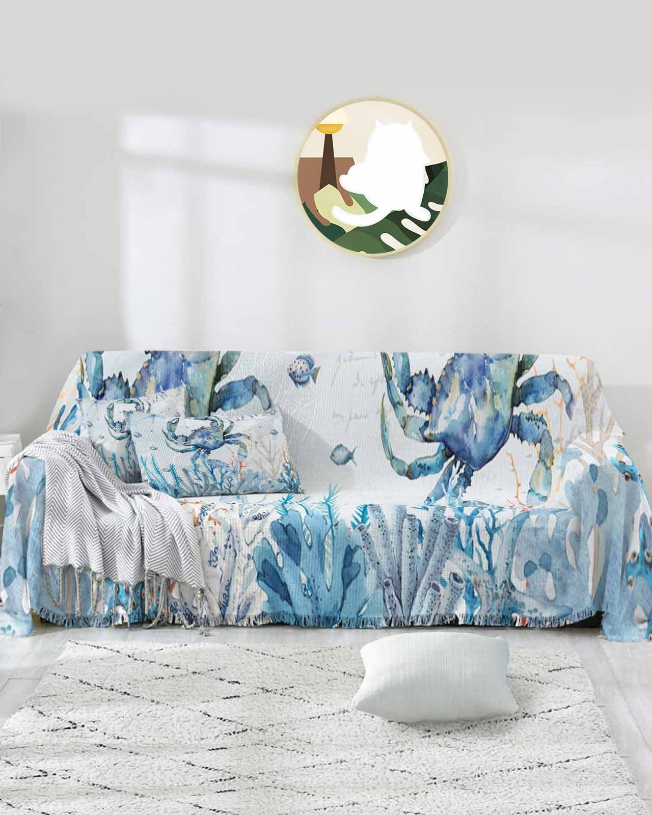 Blue Coastal Crab Sofa Covers for 3 Cushion Couch,Washable Sectional ...