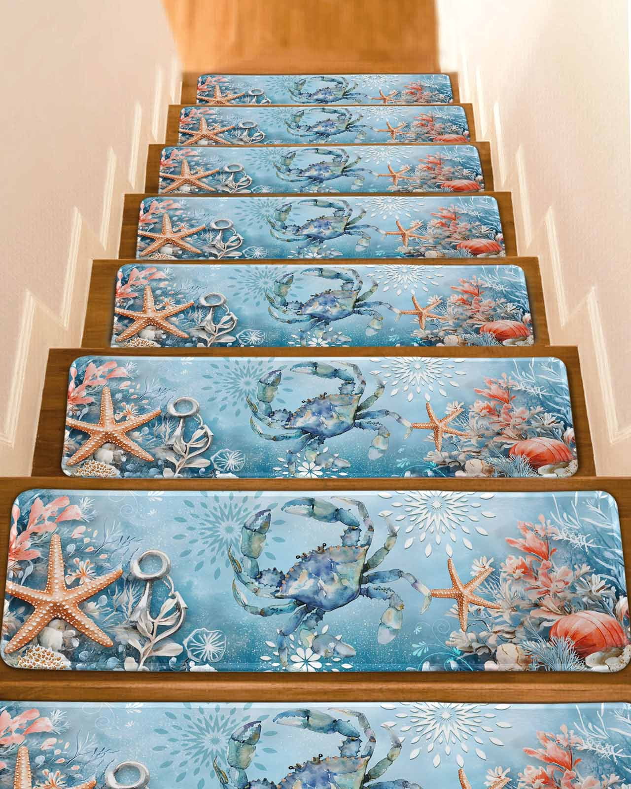 Blue Coastal Crab Stair Treads for Wooden Steps Indoor Runner Rug ...