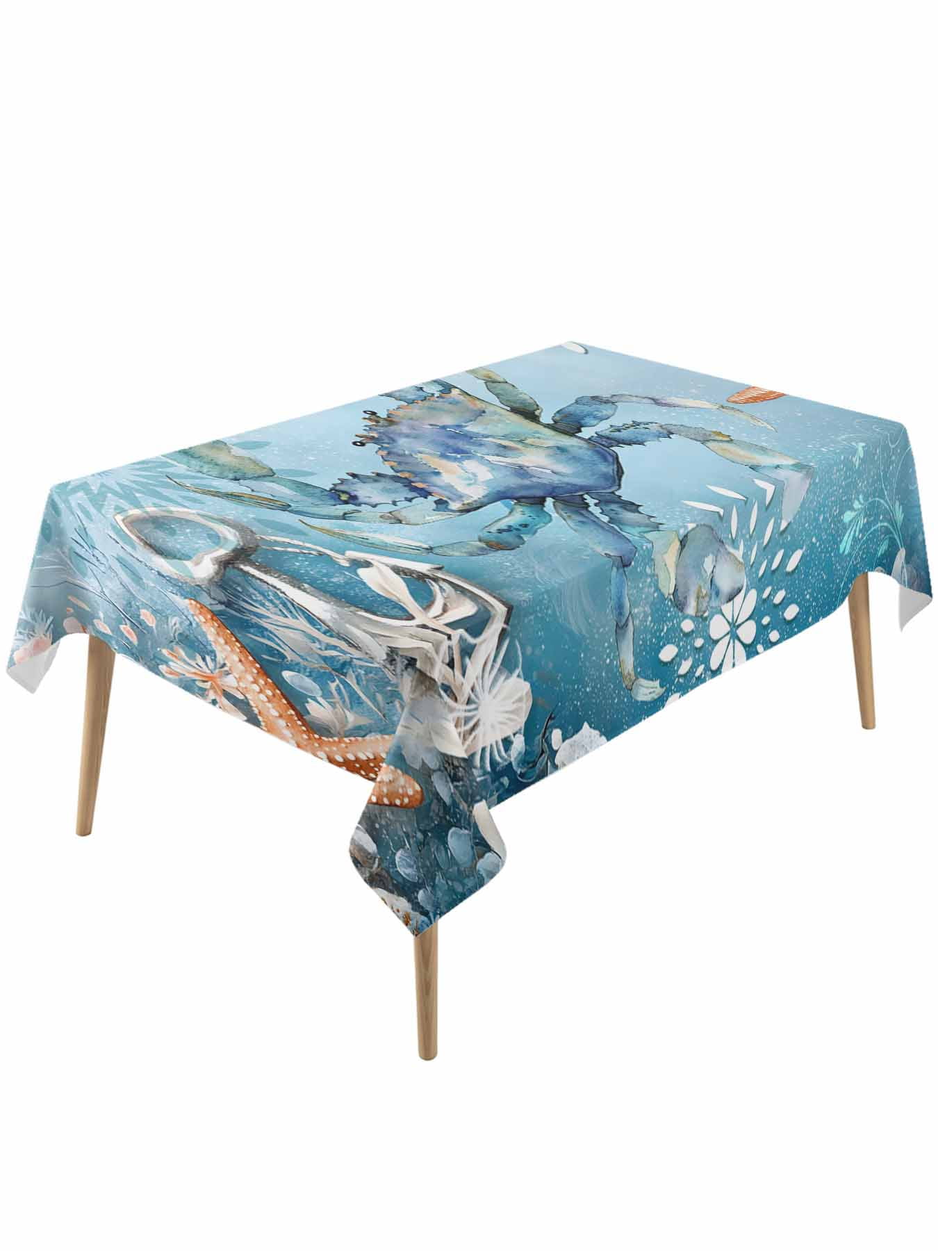 Blue Coastal Crab Table Cloth, Summer Beach Starfish Botanical ...