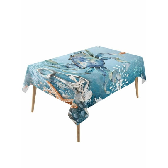 Blue Coastal Crab Table Cloth, Summer Beach Starfish Botanical ...