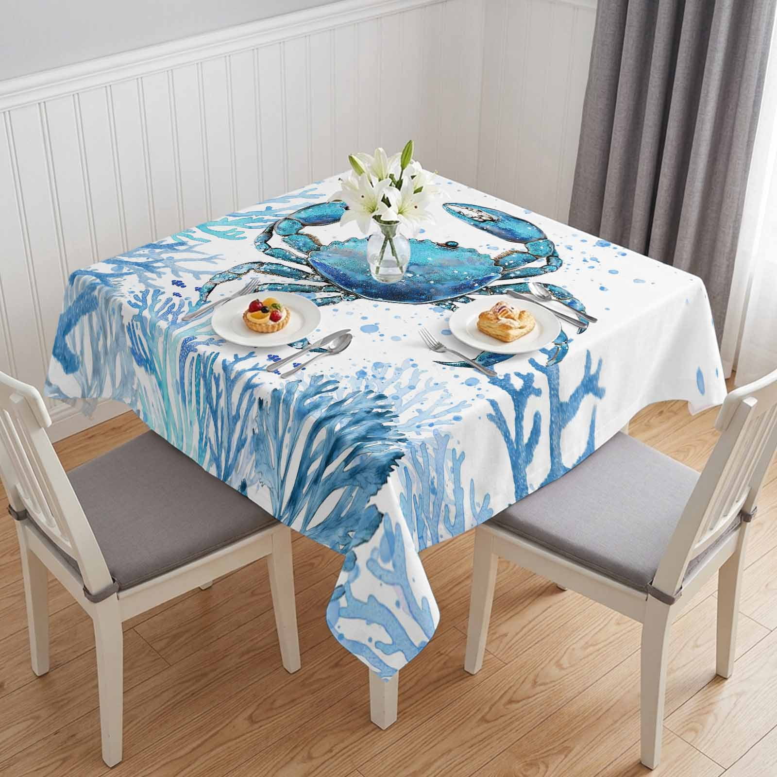 Blue Coastal Crab Table Cloth Waterproof Tablecloths, Summer Ocean ...