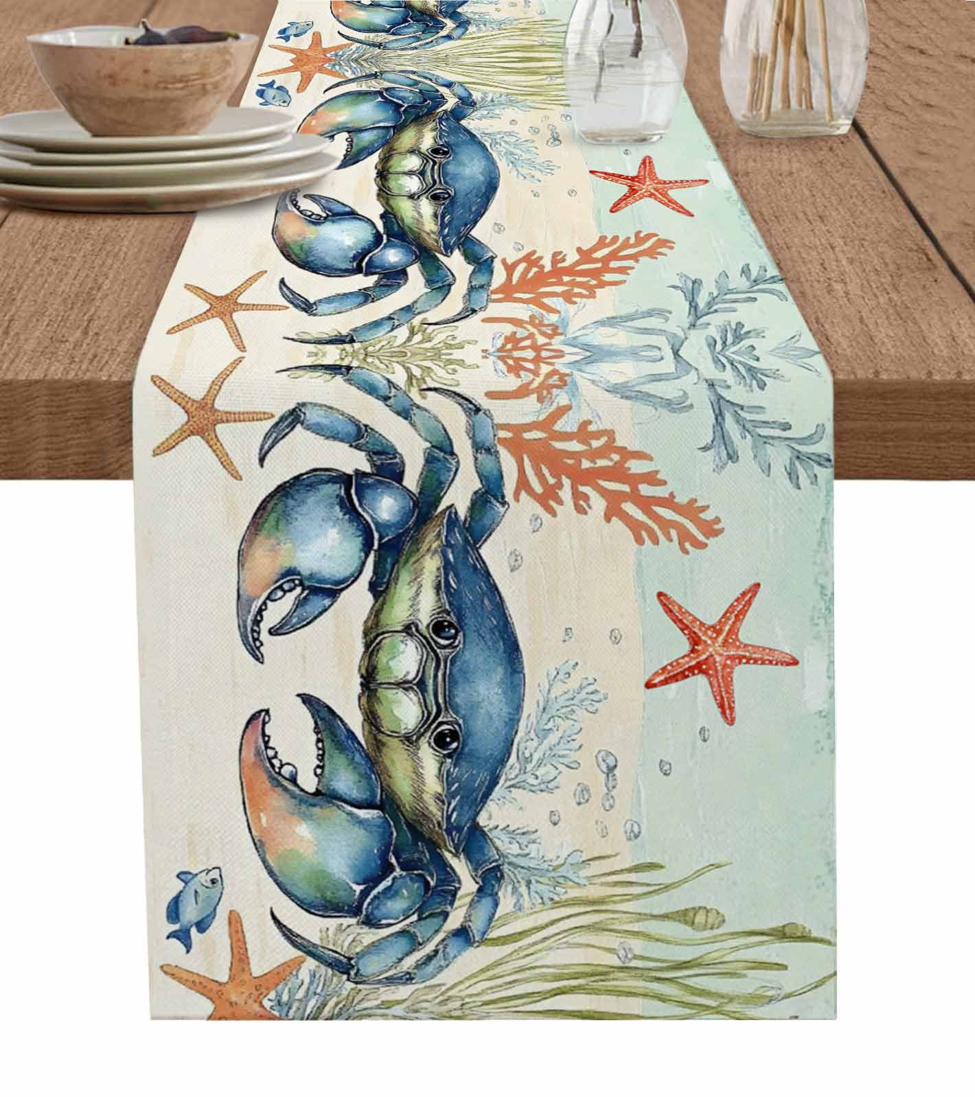 Blue Coastal Crab Table Runner 120 Inches, Nautical Beach Coral ...