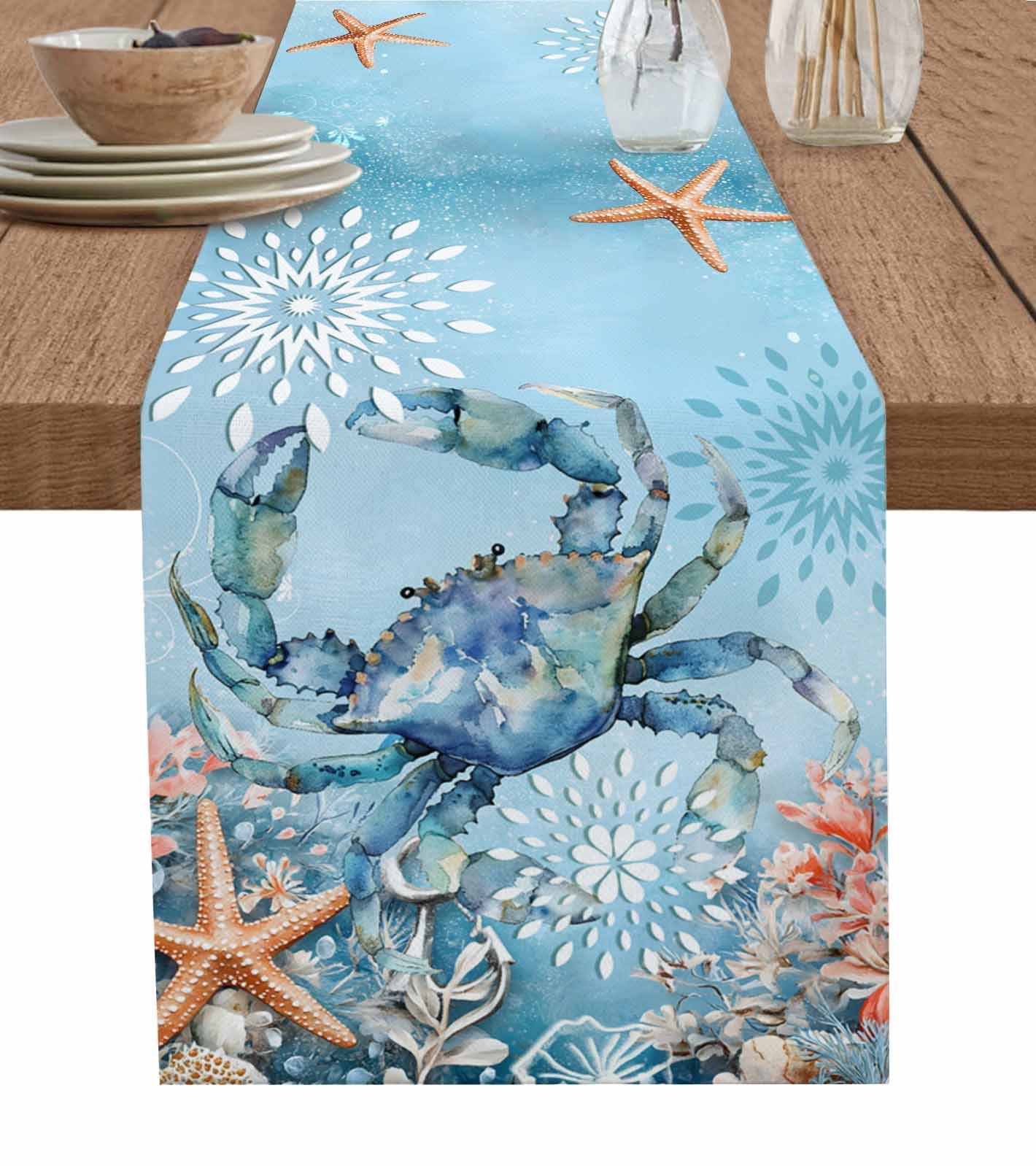 Blue Coastal Crab Table Runner Summer Beach Starfish Botanical ...
