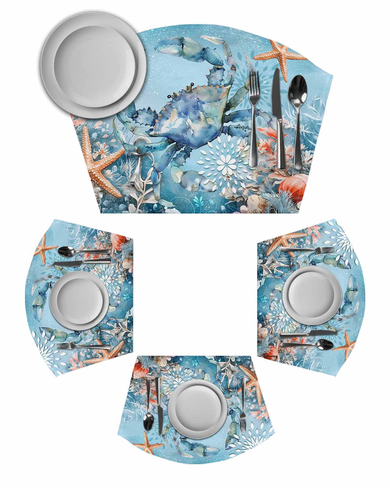 Blue Coastal Crab Wedge Shaped Placemats Set of 2, Cotton Linen Fan ...