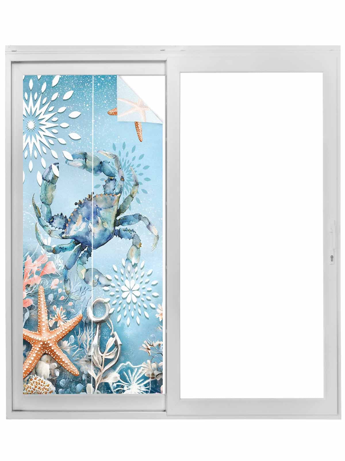 Blue Coastal Crab Window Privacy Film, Summer Beach Starfish Botanical ...