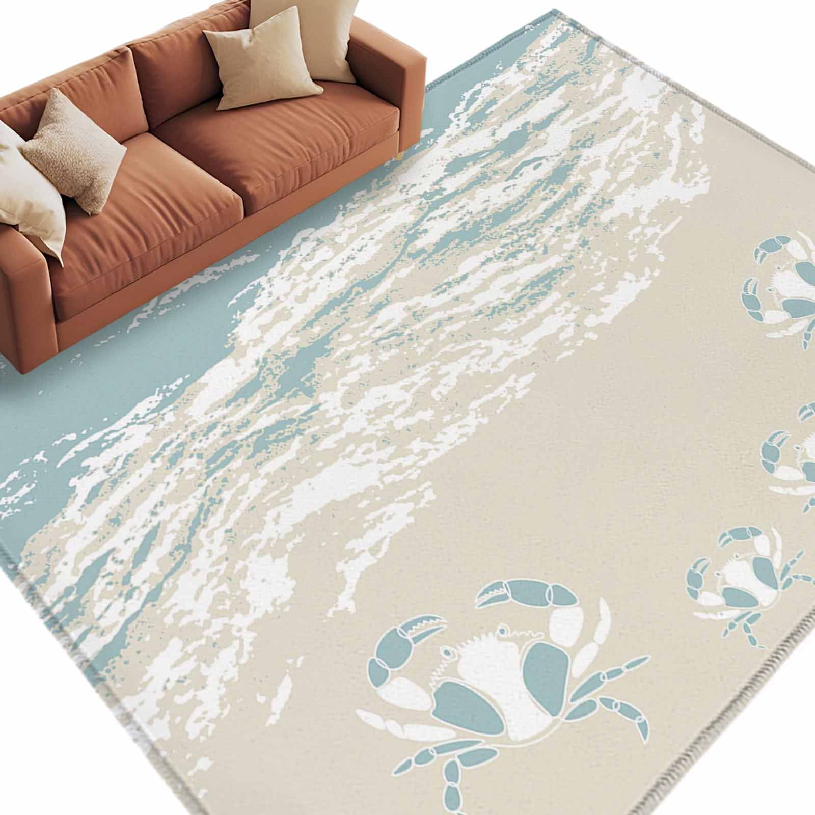 Blue Coastal Crabs Area Rugs Collection 5'x8', Summer Beach Ocean ...