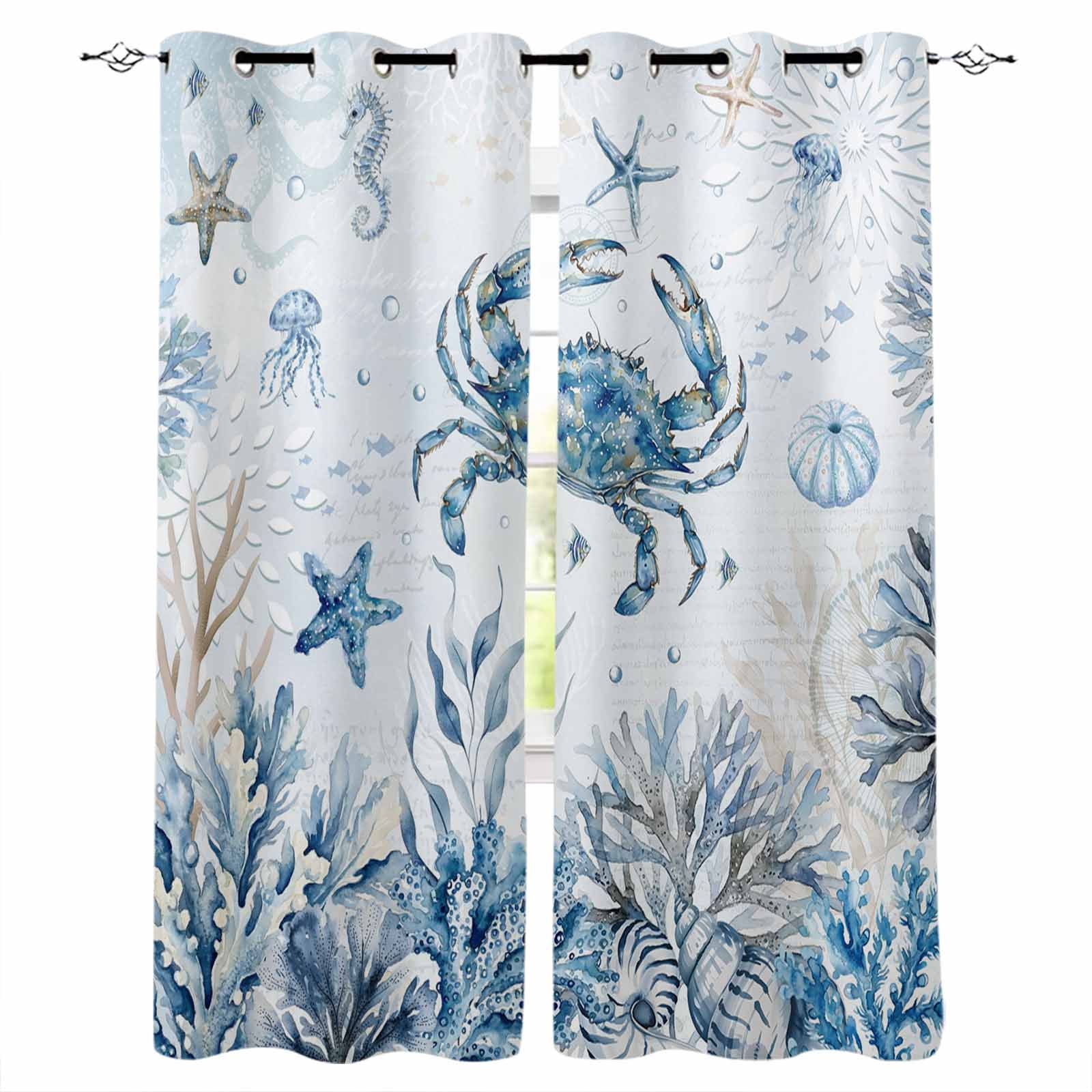 Blue Coastal Crabs Blackout Curtains for Bedroom/Living Room, Thermal ...