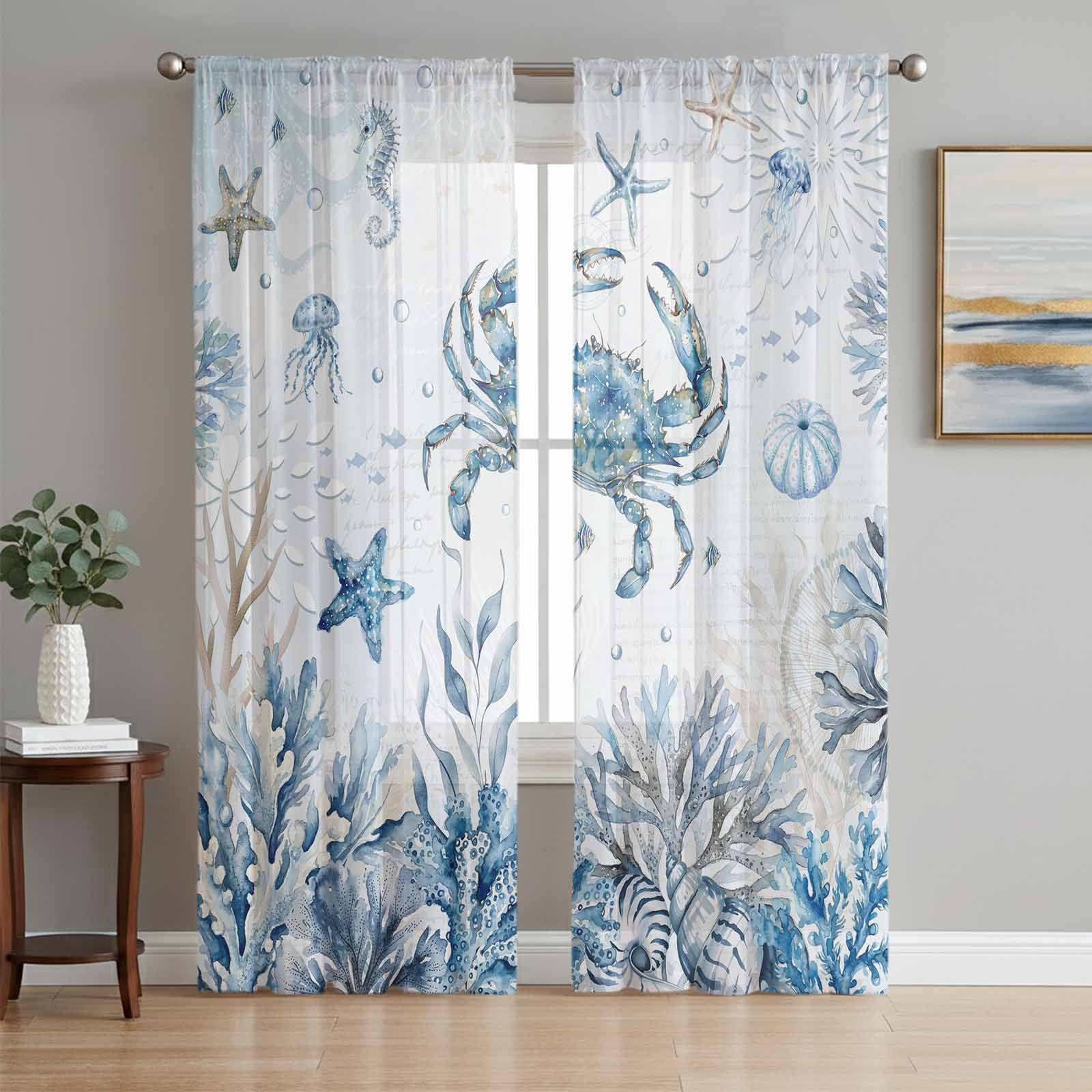 Blue Coastal Crabs Sheer Curtains for Living Room Bedroom Summer Ocean ...