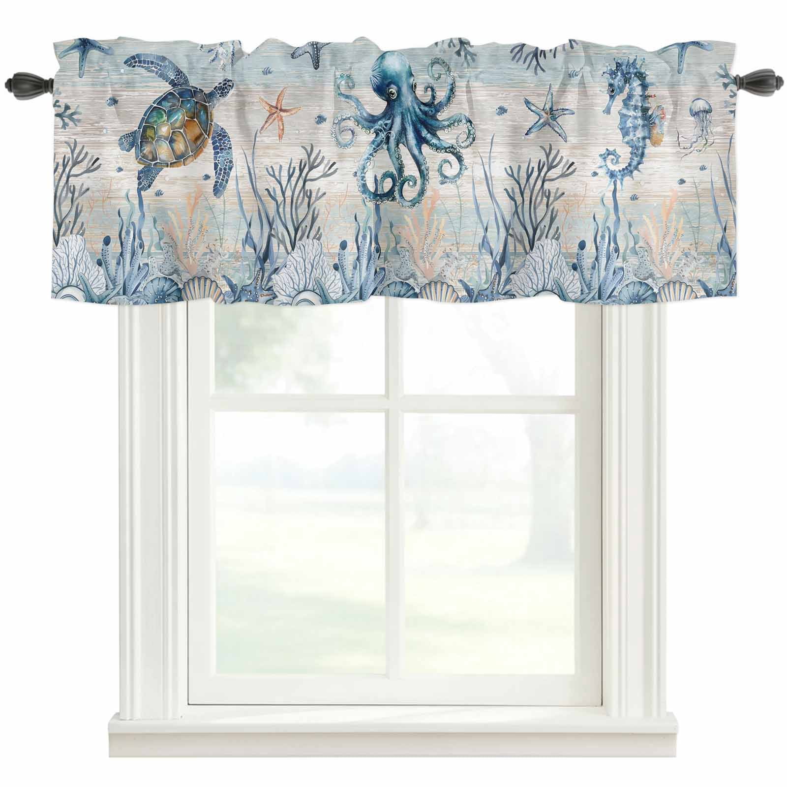Blue Coastal Curtain Valances for Windows, Kitchen Valance Window ...