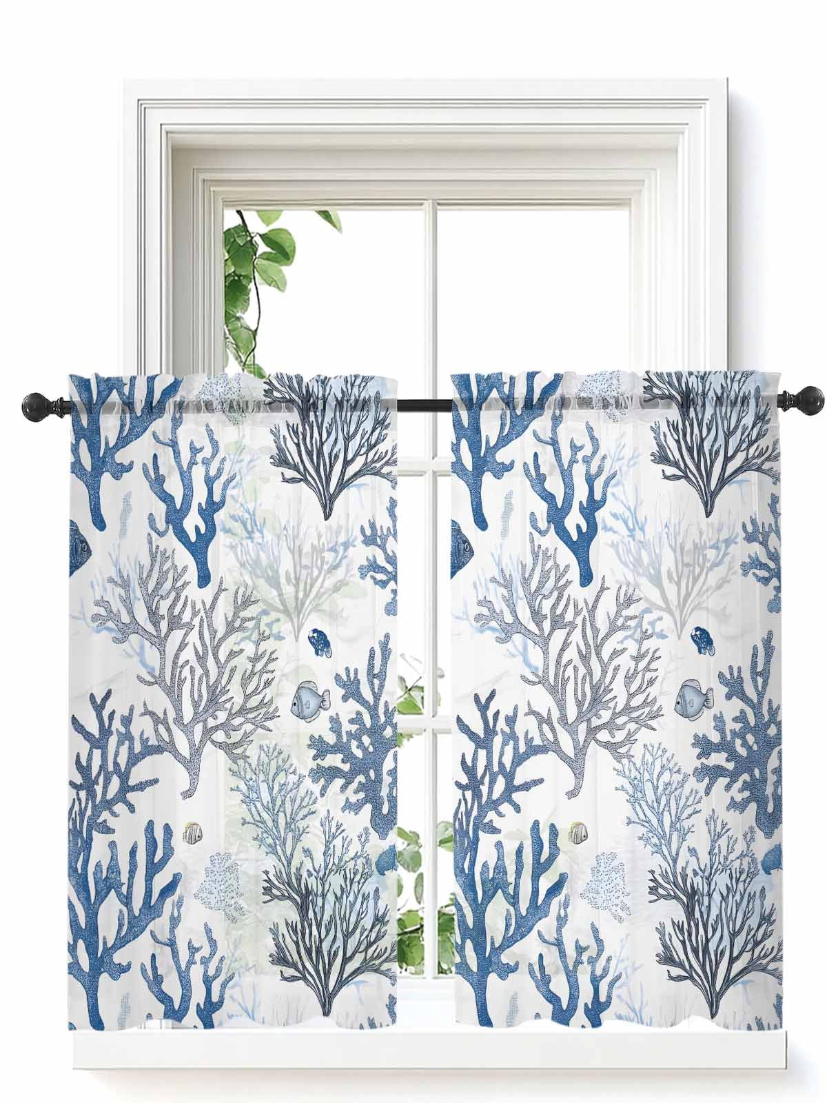 Blue Coastal Curtains 45 Inch Length, Sheer Curtains for Bedroom Living ...