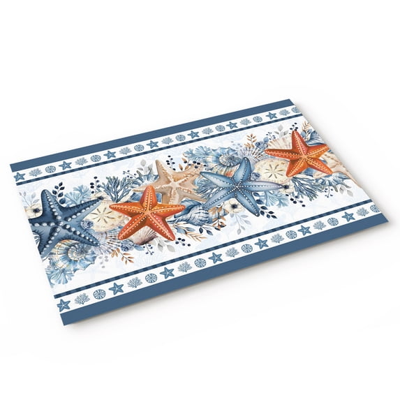 Blue Coastal Door Mat Orange Starfish Coral Summer Beach Nautical Non ...