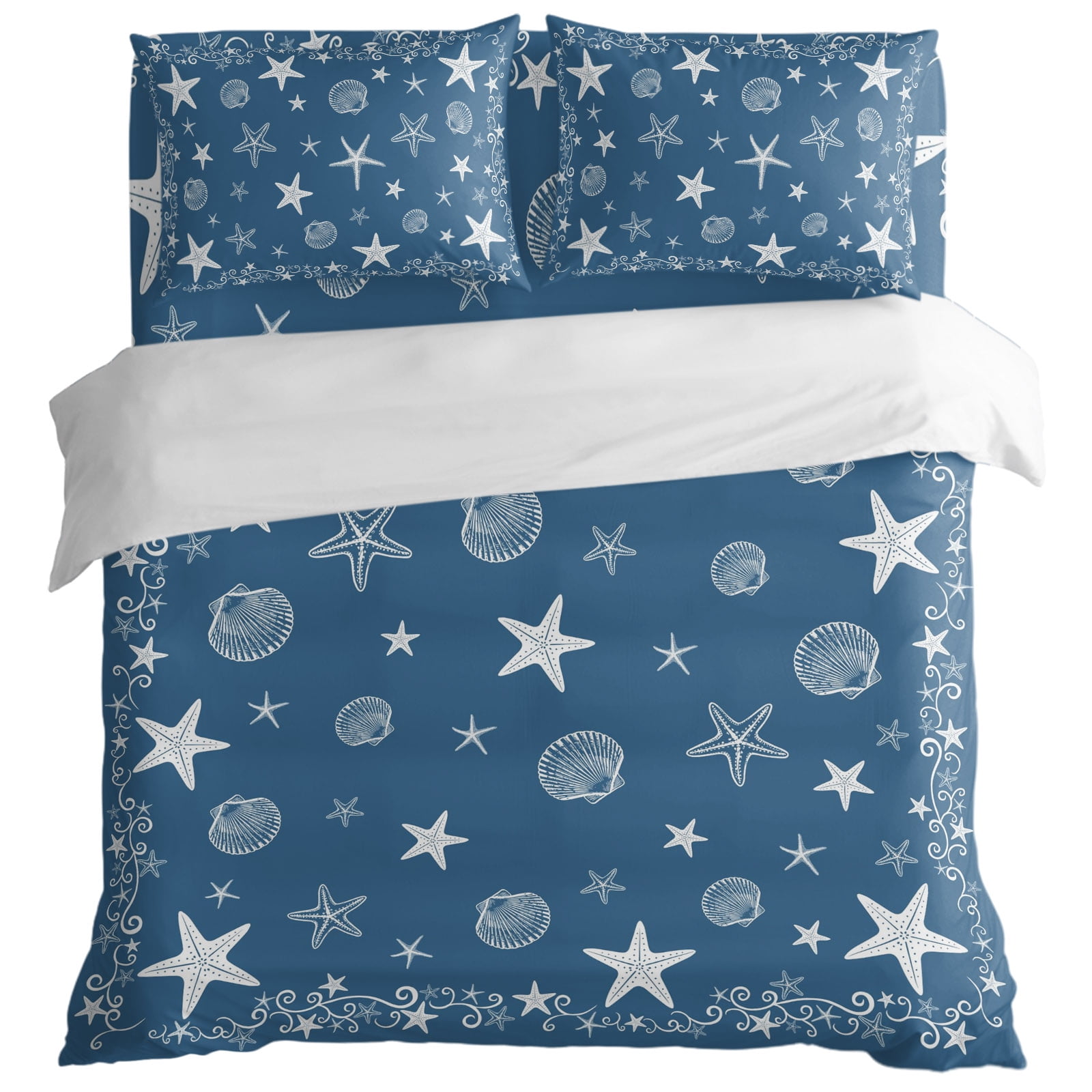 Blue Coastal Duvet Cover Set California King Size, Starfish Shell ...