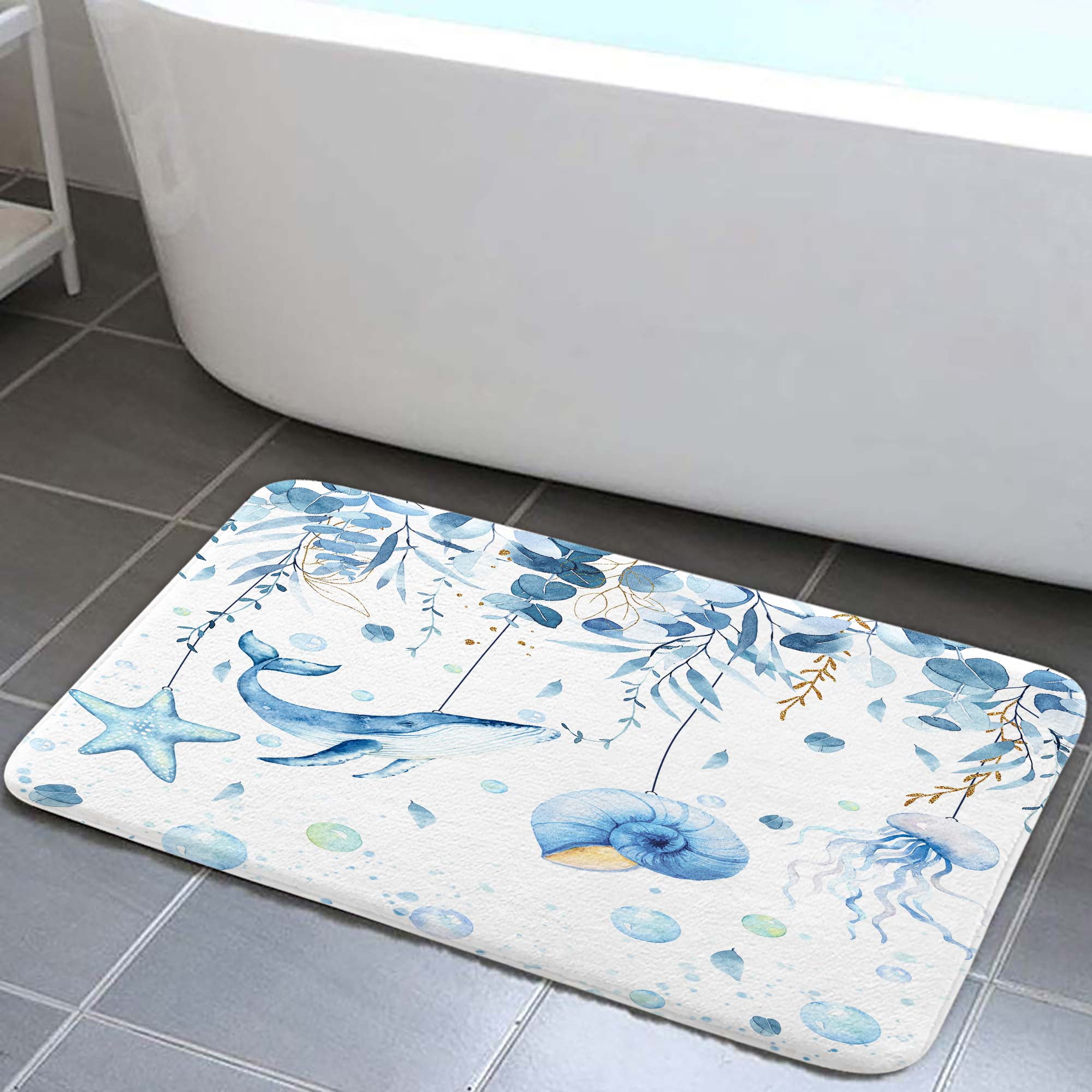 Blue Coastal Eucalyptus Bath Mat, Spring Sage Eucalyptus Leaf Starfish ...