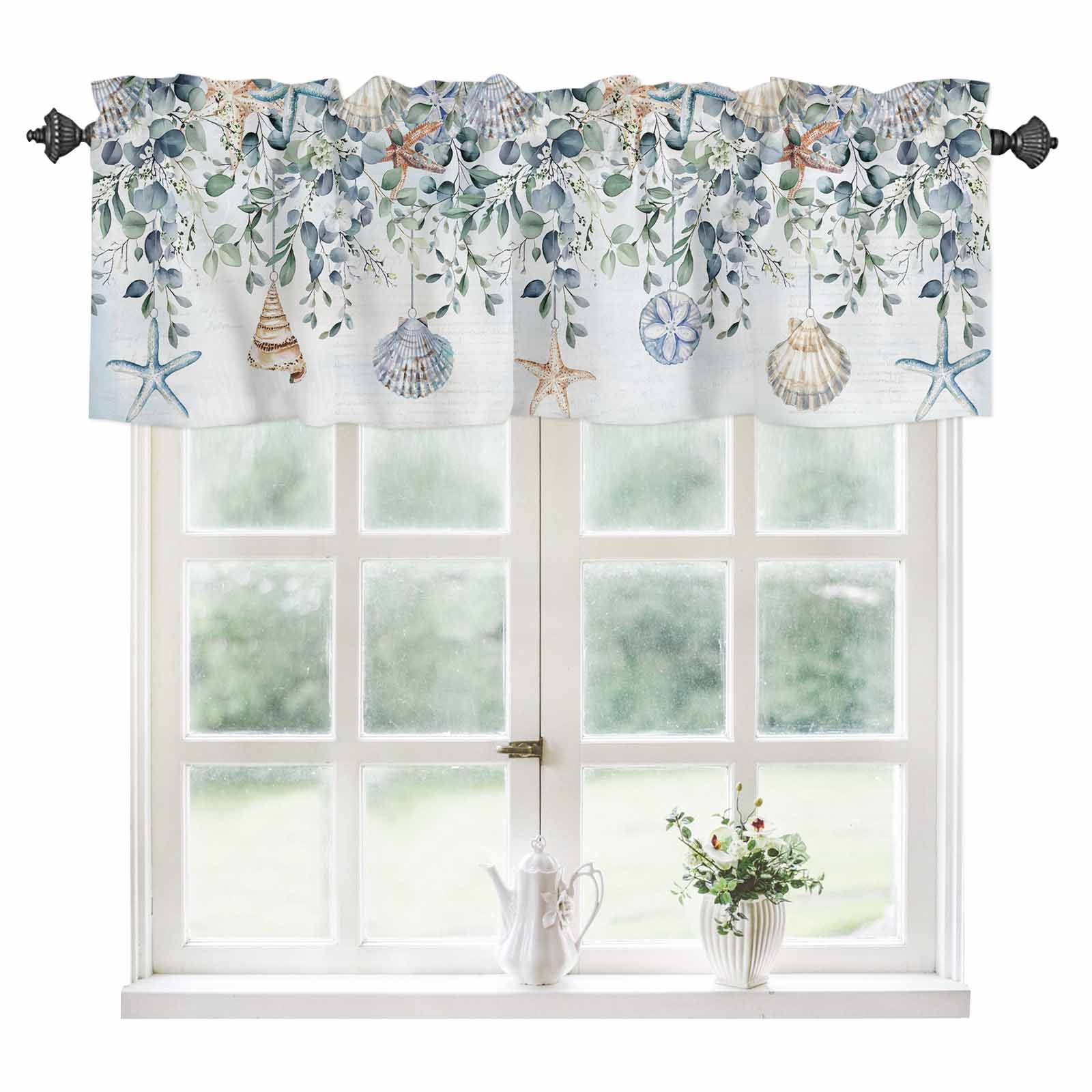 Blue Coastal Eucalyptus Kitchen Valances for Windows 60x18 Inch Kitchen ...