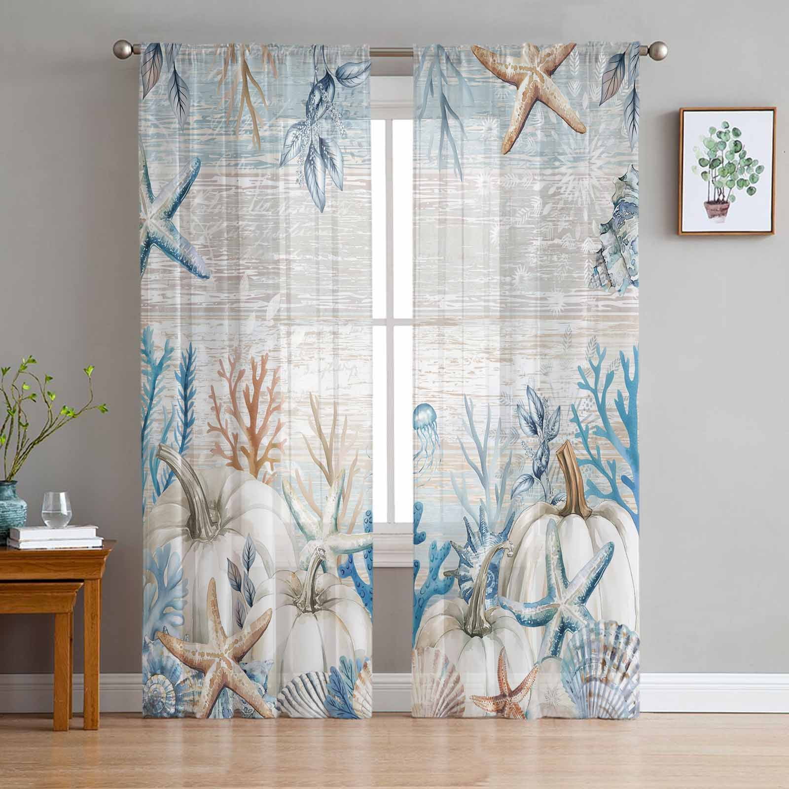 Blue Coastal Fall Sheer Curtains 84 Inches Long 2 Panels Set, Window ...