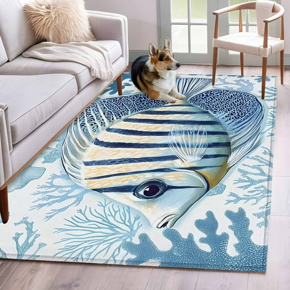 Blue Coastal Fish Area Rug 3x5 Washable Rug Non Slip Summer Ocean ...