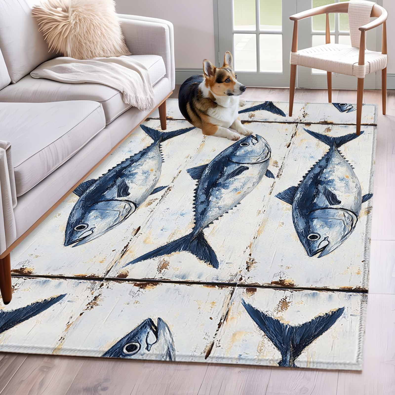 Blue Coastal Fish Area Rug 4x6 Washable Rug Non Slip Nautical Beach ...