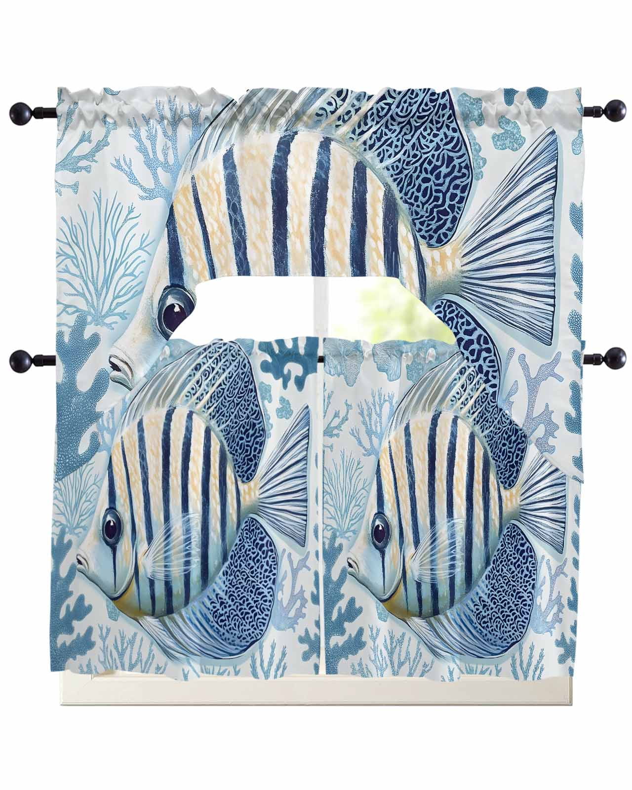 Blue Coastal Fish Kitchen Curtains Swag Valance and Tier Curtains Set ...