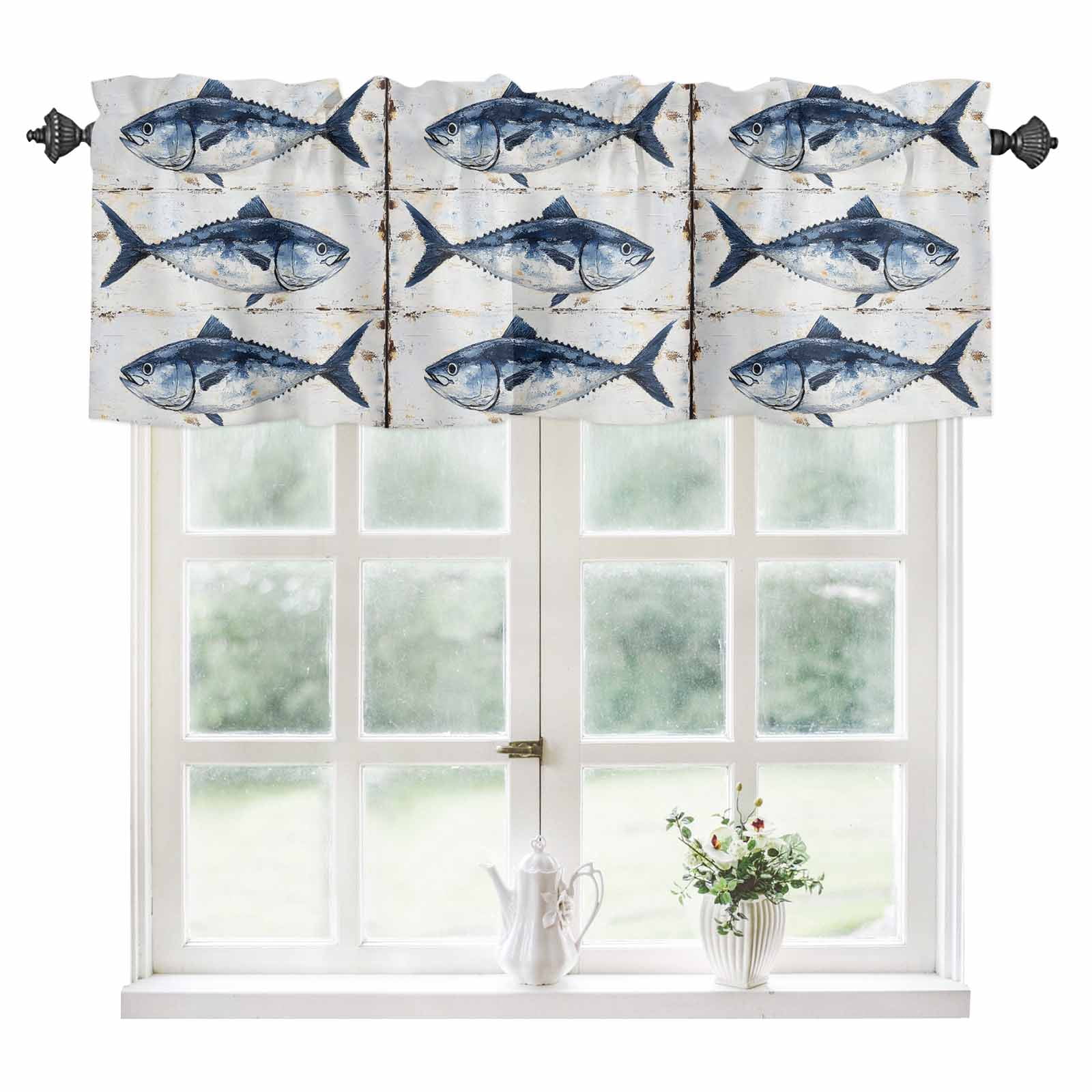 Blue Coastal Fish Kitchen Valances for Windows 60x18 Inch Kitchen ...