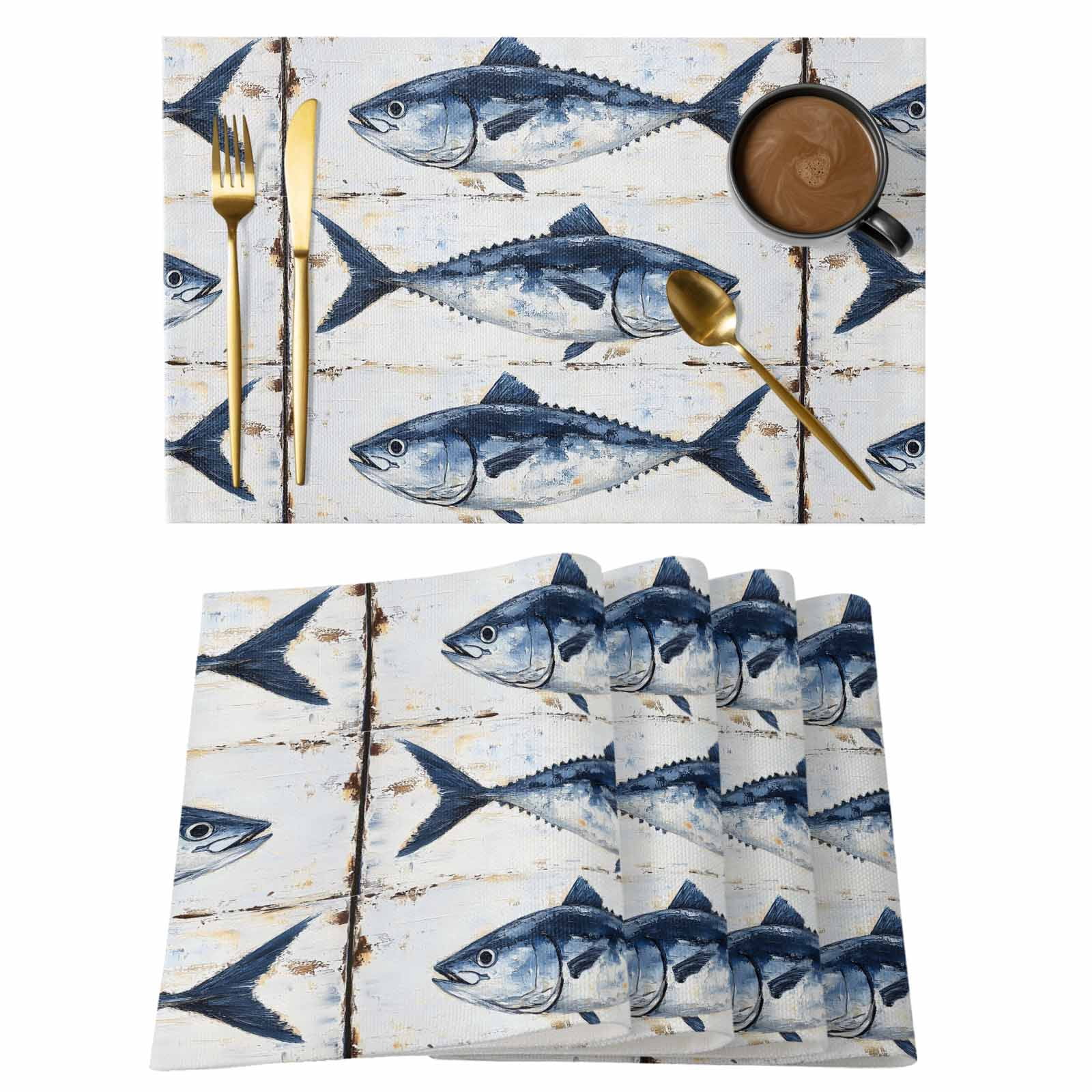 Blue Coastal Fish Placemats Set of 12 Nautical Beach Summer Vintage ...