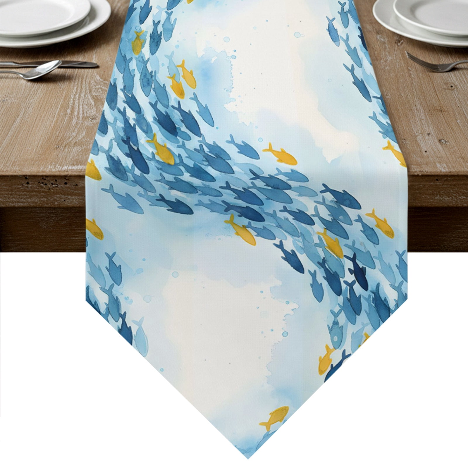 Blue Coastal Fish Table Runner Linen Burlap Table Runner 48 Inches Long ...