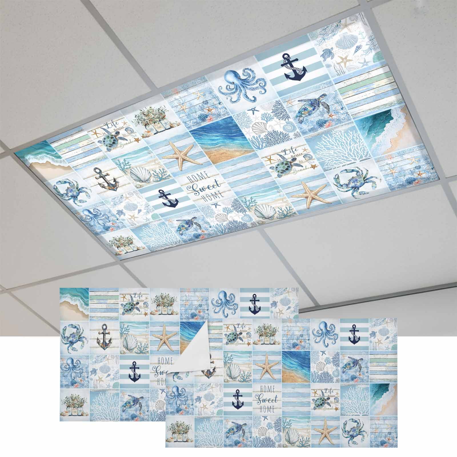 Blue Coastal Fluorescent Light Covers, Turtle Nautical Anchor Octopus ...