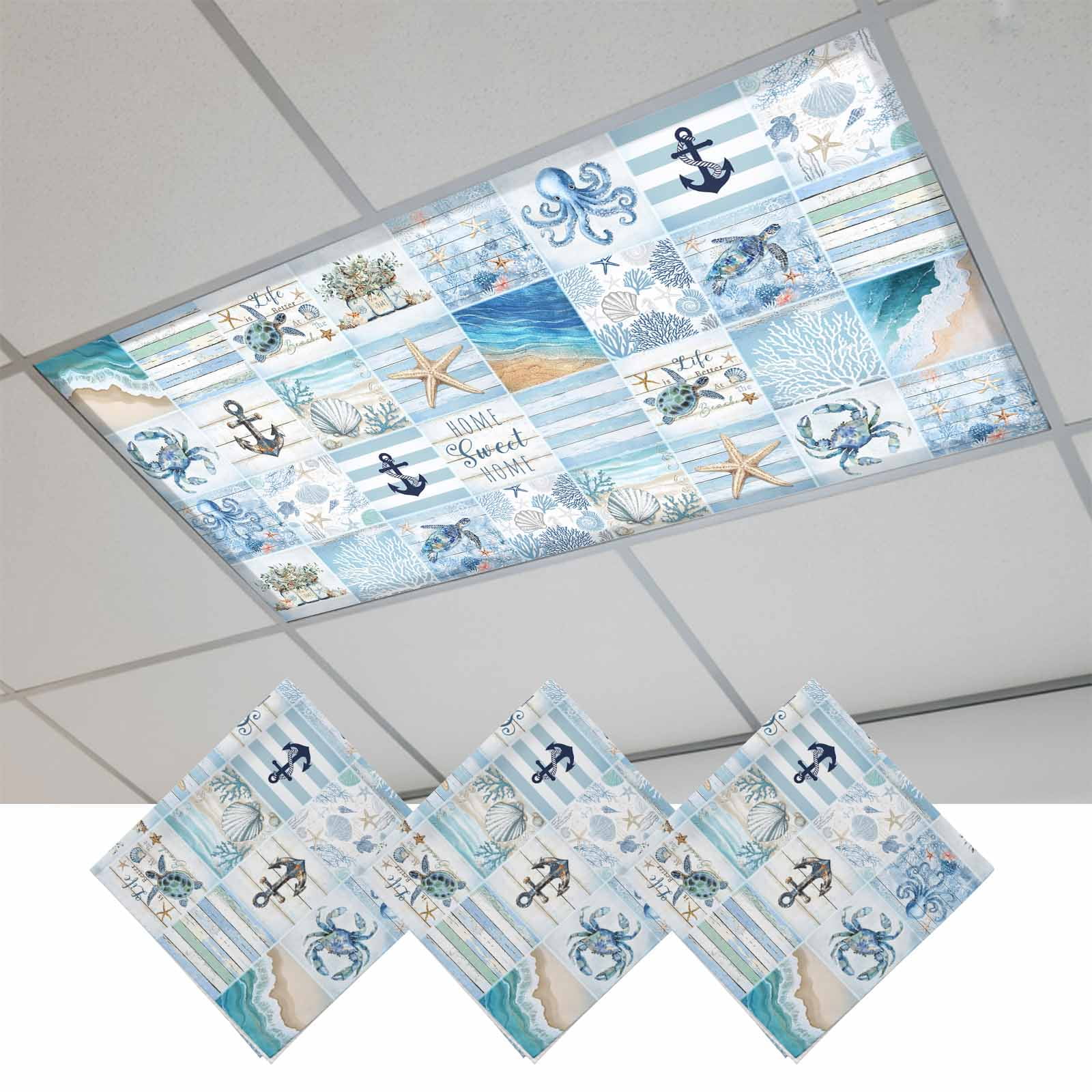 Blue Coastal Fluorescent Light Covers, Turtle Nautical Anchor Octopus ...