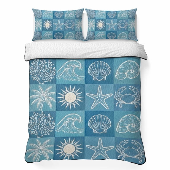 Blue Coastal Full Quilt Bedding Set, Summer Ocean Waves Shell Crab ...