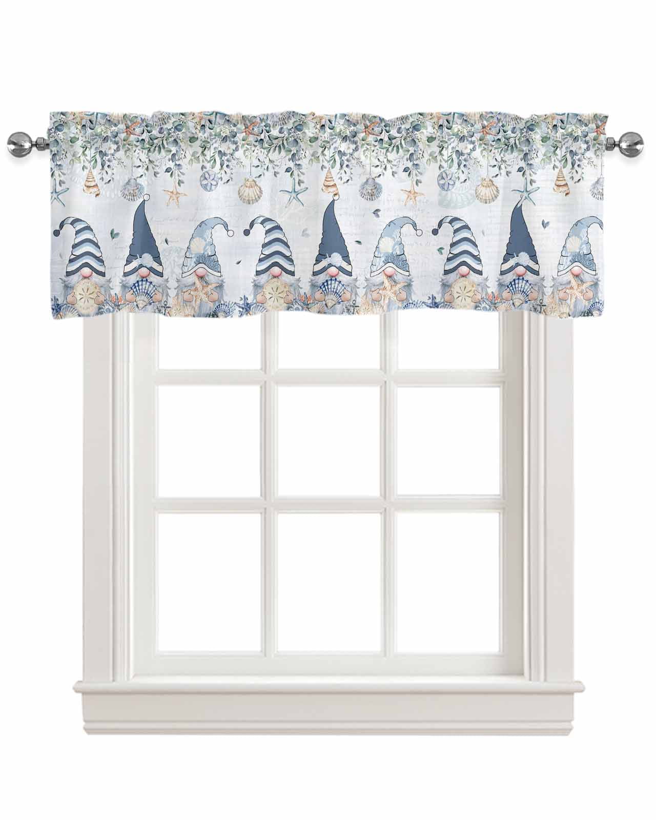 Blue Coastal Gnomes Kitchen Valances for Windows Farmhouse Linen Window ...
