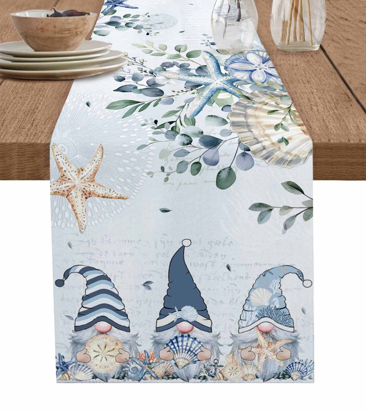 Blue Coastal Gnomes Table Runner 72 Inches, Ocean Eucalyptus Coral ...
