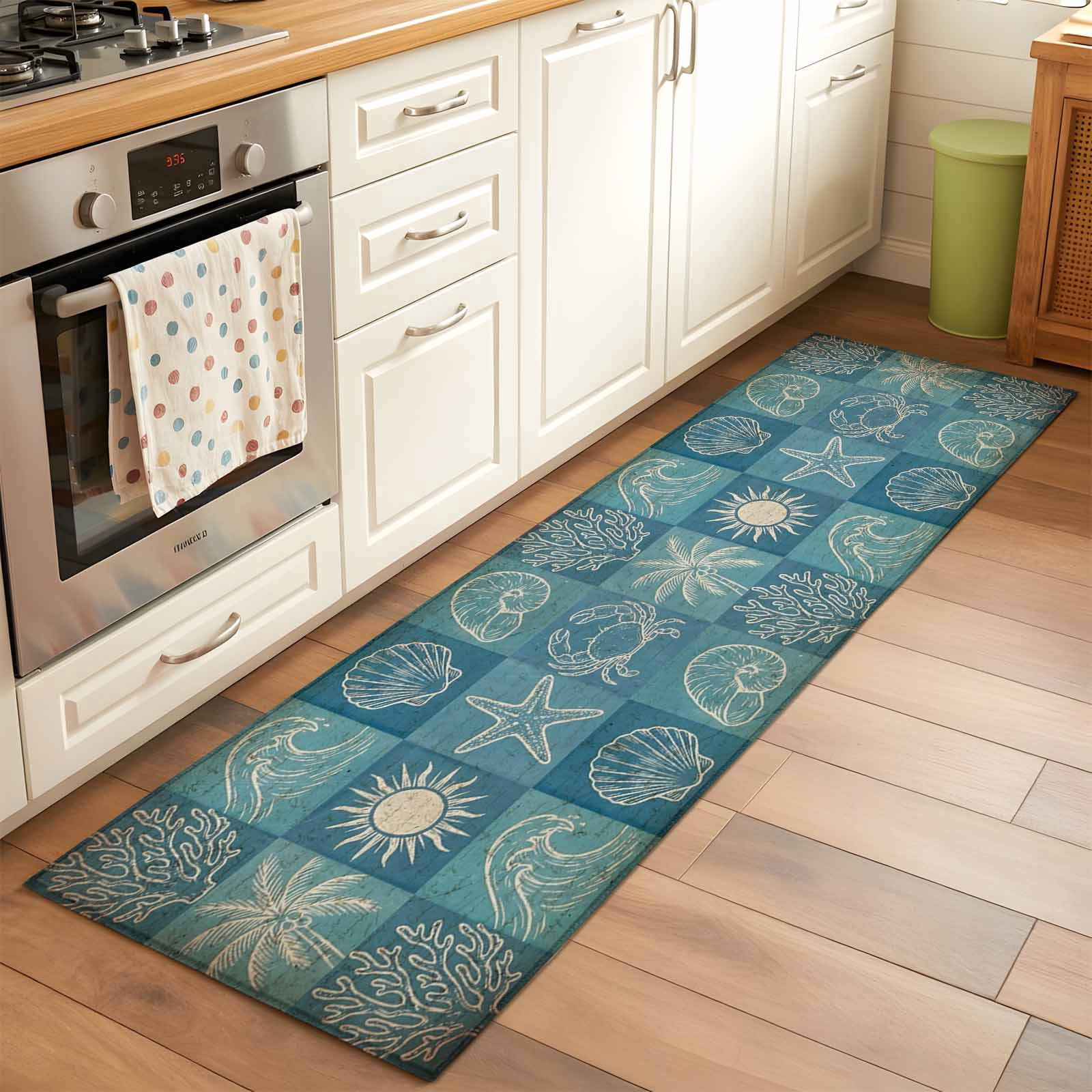 Blue Coastal Hallway Washable Runner Rug 2x6 Summer Ocean Waves Shell ...